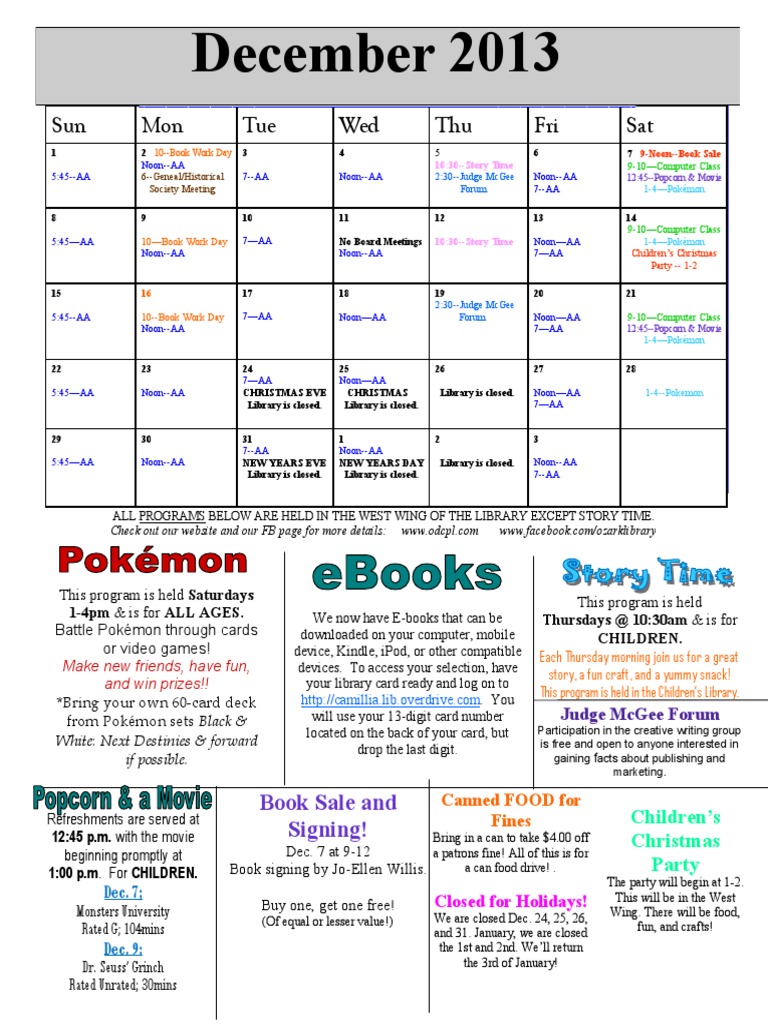December 2013 Library Events Schedule | PDF | Pokémon | Libraries