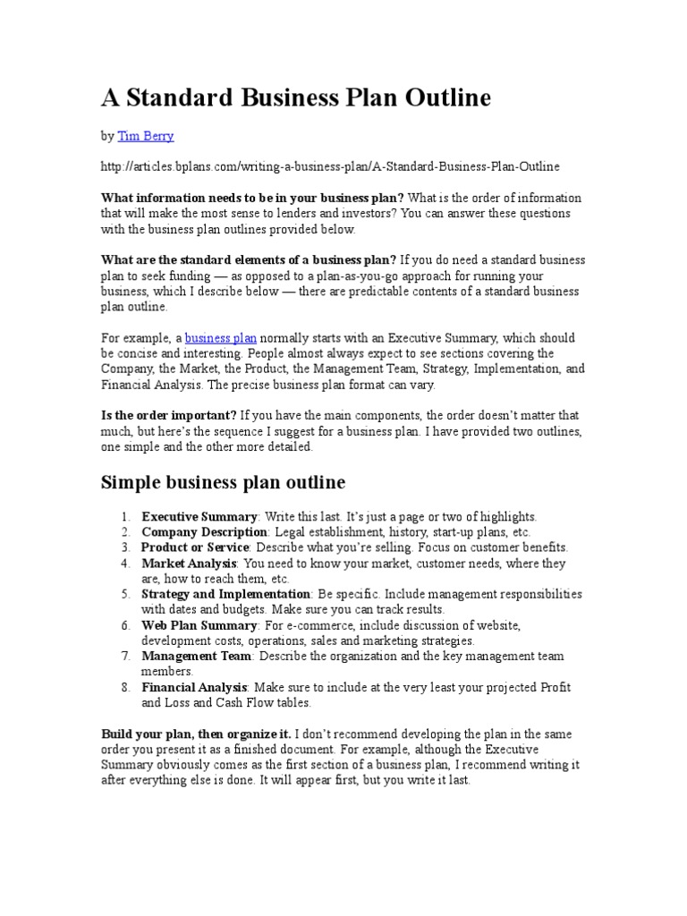 A Standard Business Plan Outline | PDF | Business Plan | Income Statement