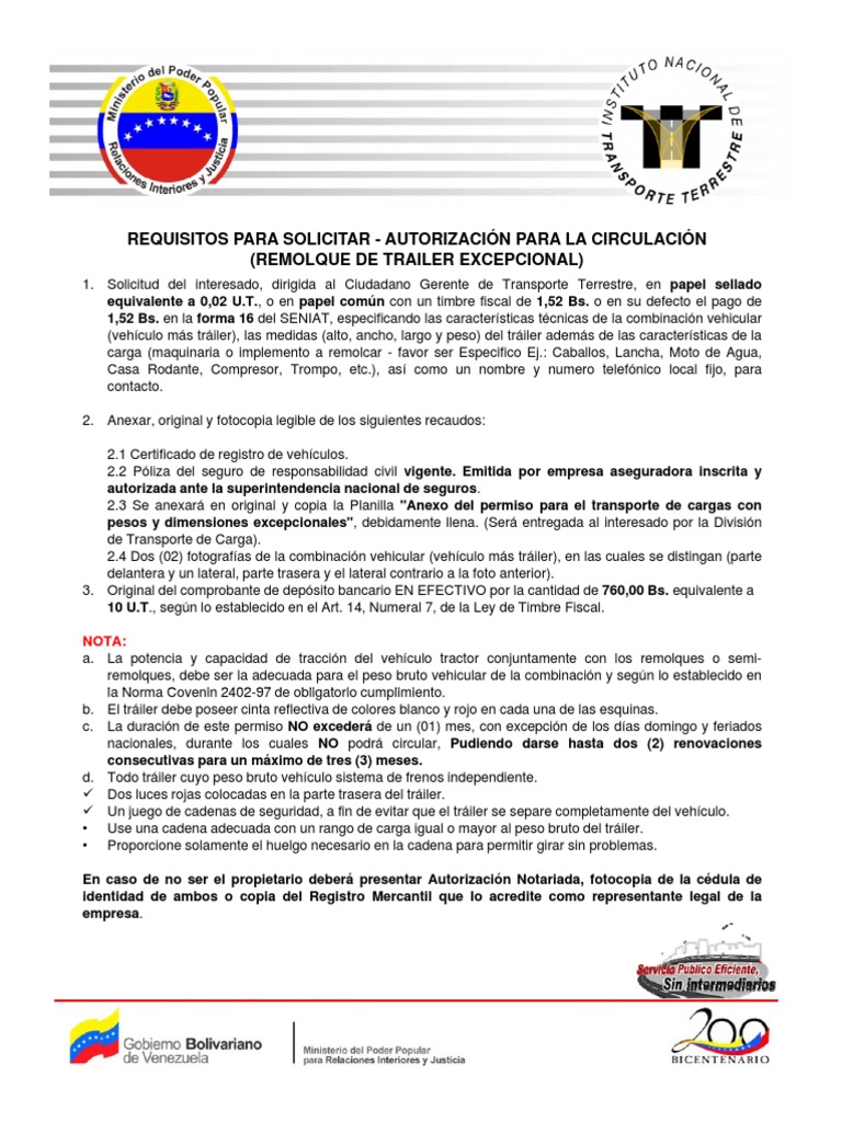 Autorizacion para La Circulacion (Remolque de Trailer Excepcional ...
