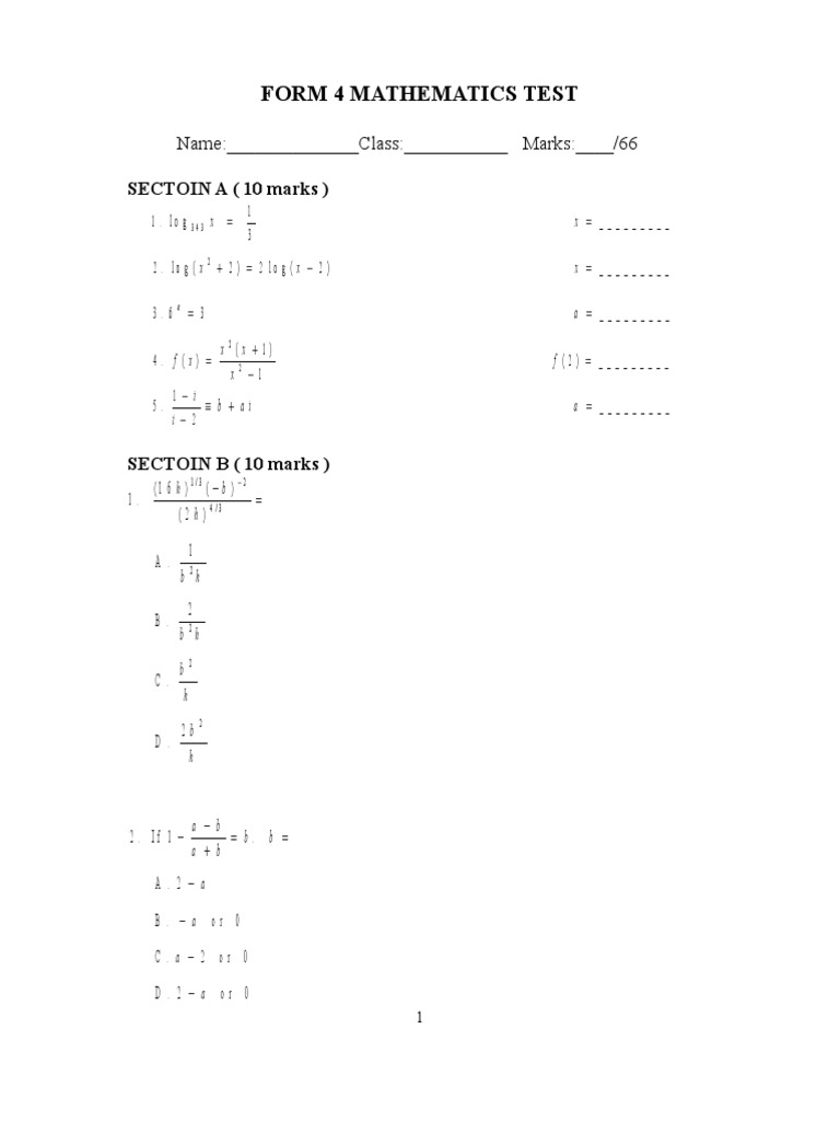 Form 4 Mathematics Test: SECTOIN A (10 Marks) | PDF