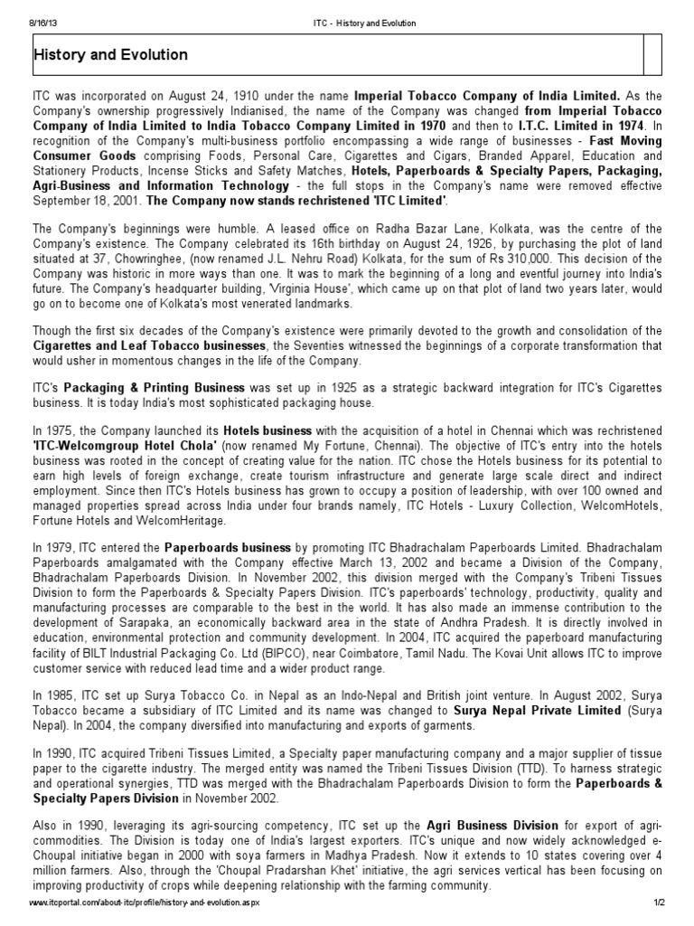 ITC - History and Evolution | PDF | Brand | Industries