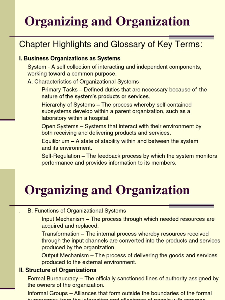 Organizing and Organization: Chapter Highlights and Glossary of Key ...