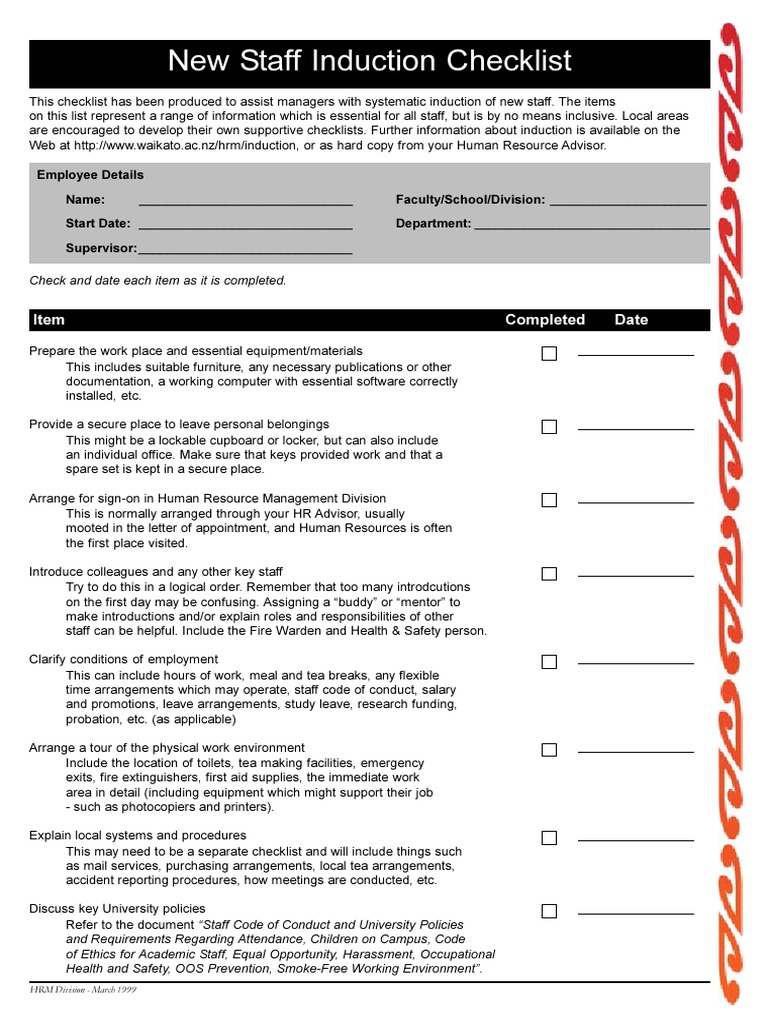 New Staff Induction Checklist | PDF | Human Resources | Employment