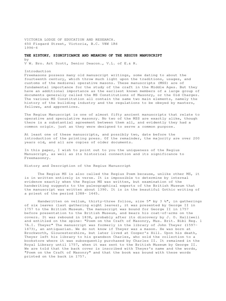 The History Significance and Meaning of The Regius Manuscript (1996-4 ...