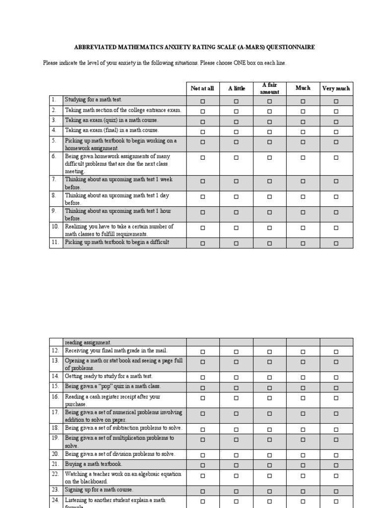Abbreviated Mathematics Anxiety Rating Scale | Homework | Physics & Mathematics