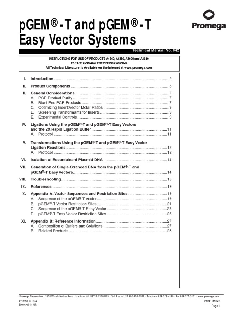 pGEM-T and pGEM-T Easy Vector Systems | PDF