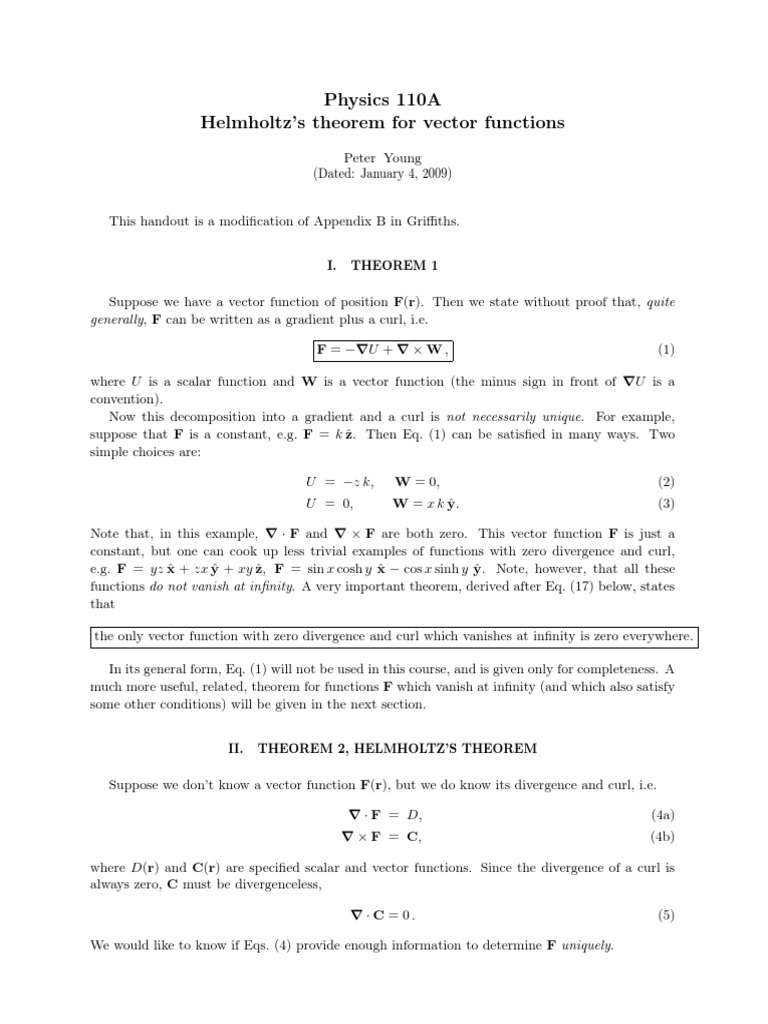 Physics 110A Helmholtz's Theorem For Vector Functions: (Dated: January ...