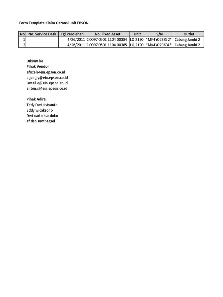 Form Klaim Service Data Printer | PDF | Business | Finance & Money ...