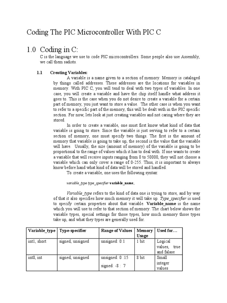 Coding The Pic Microcontroller With Pic C Pdf Integer Computer Science Computer Engineering