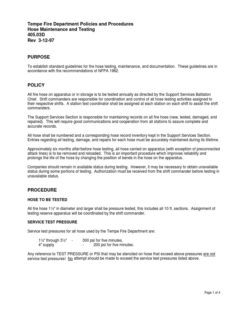 Tempe Fire Department Policies and Procedures Hose Maintenance and ...