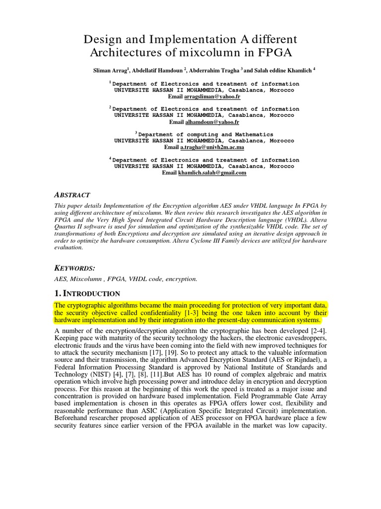 Design And Implementation A Different Architectures Of Mix Column In Fpga Pdf Cryptography