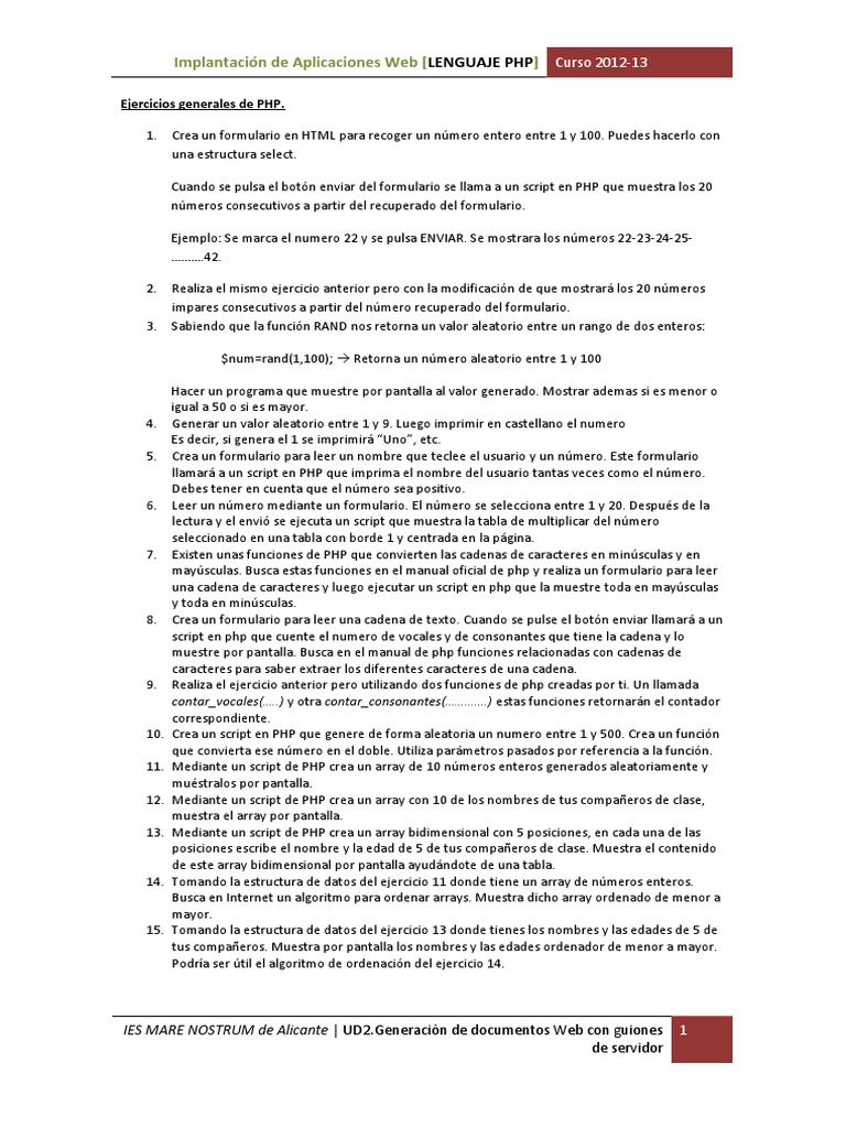 Ejercicios Generales de PHP | PDF | Php | Estructura de datos de matriz