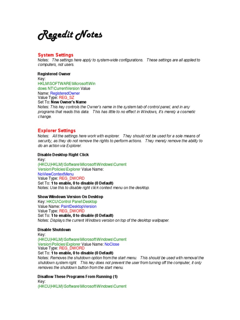 Regedit Notes.. | PDF | Windows Registry | Command Line Interface