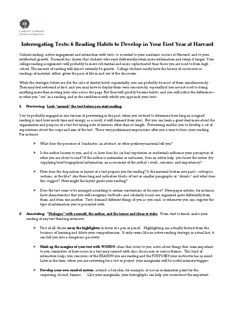 Six Reading Habits To Develop in Your First Year at Harvard | PDF ...