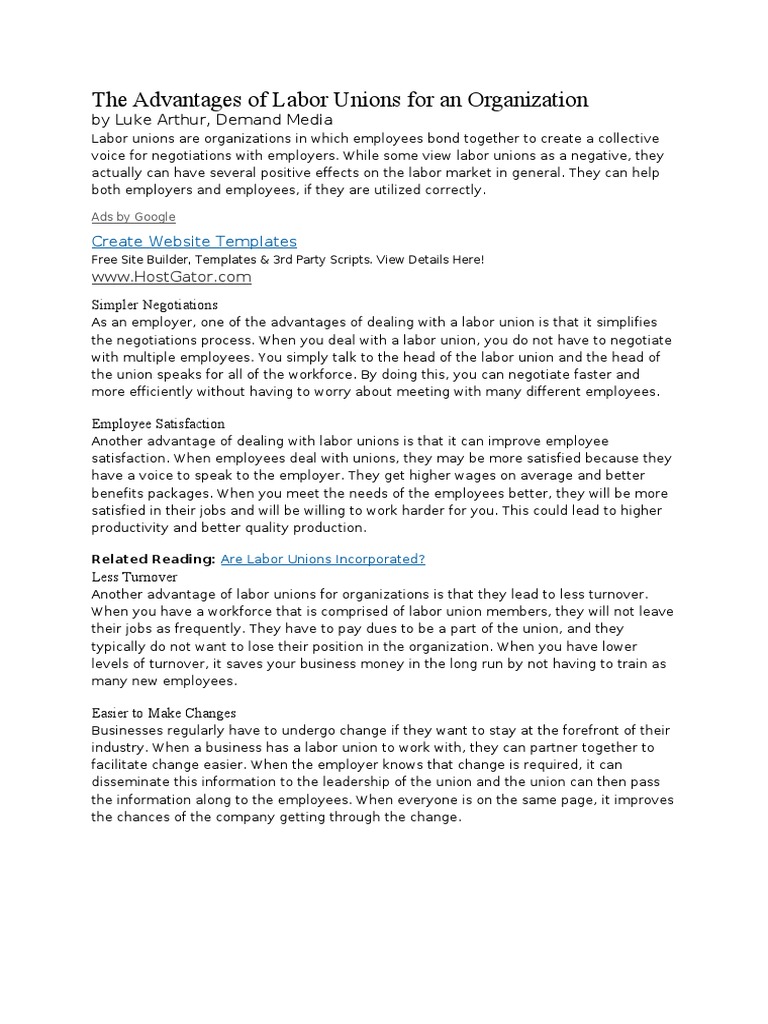 The Advantages Of Labor Unions For An Organization Pdf Trade Union