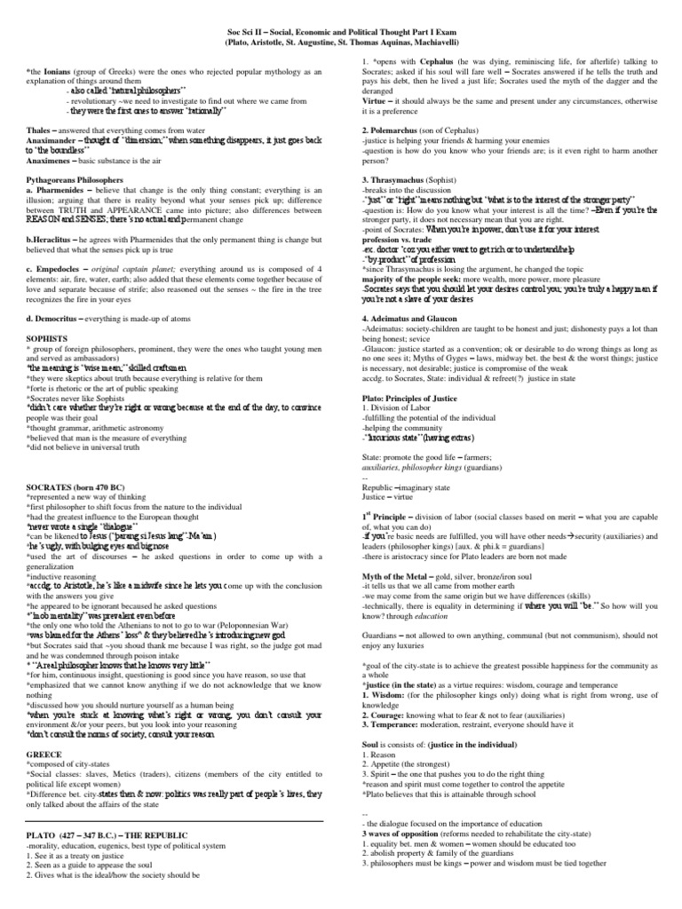 Social, Economic and Political Thought Part I Notes (Plato, Aristotle ...