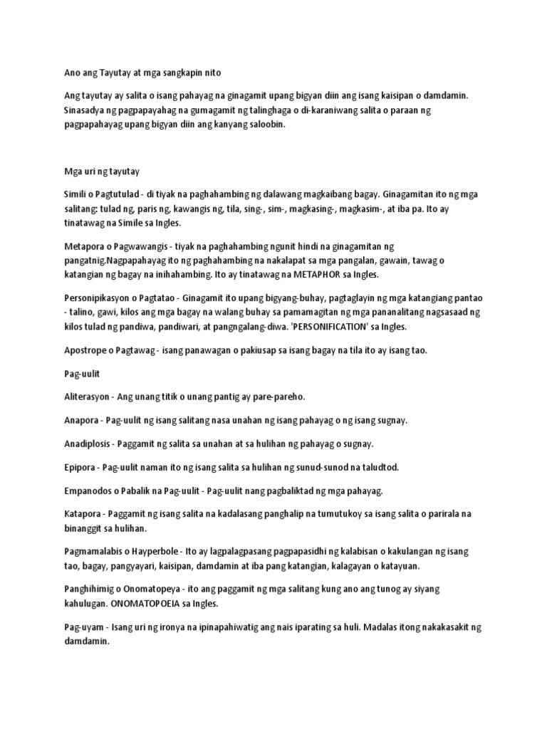 Ano Ang Tayutay at Mga Sangkapin Nito | PDF