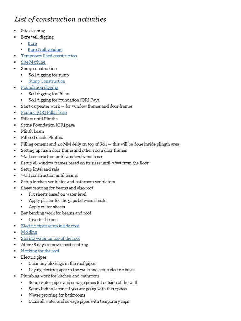 Comprehensive Construction Activity List | PDF | Plaster | Water Heating
