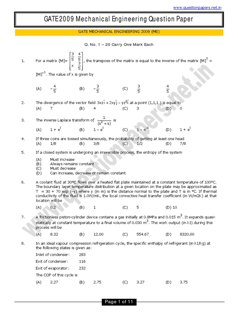 Gate Question Papers Download Mechanical Engineering 2009 | Heat | Gear