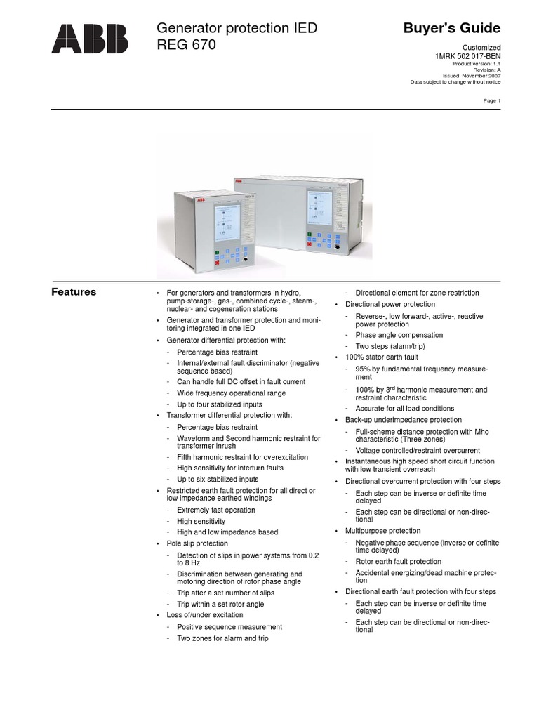 1MRK502017-BEN A en BuyerAs Guide Generator Protection IED REG 670 ...