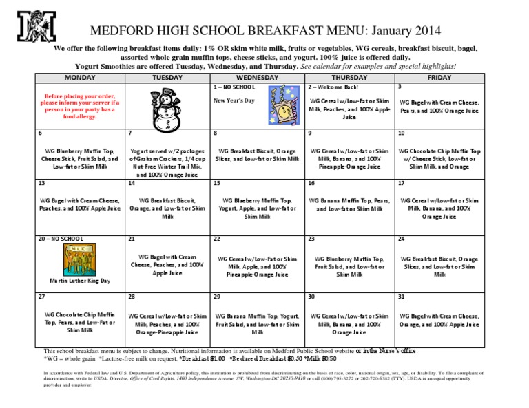 Medford High School Breakfast Menu: January 2014: 1 – No School 2 ...