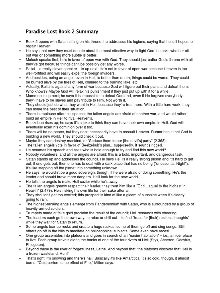 Paradise Lost Book 2 Summary | PDF | Paradise Lost | Satan