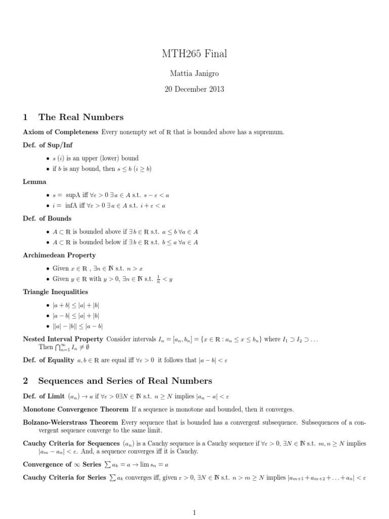 Real Analysis Cheat Sheet | PDF | Continuous Function | Mathematical Structures
