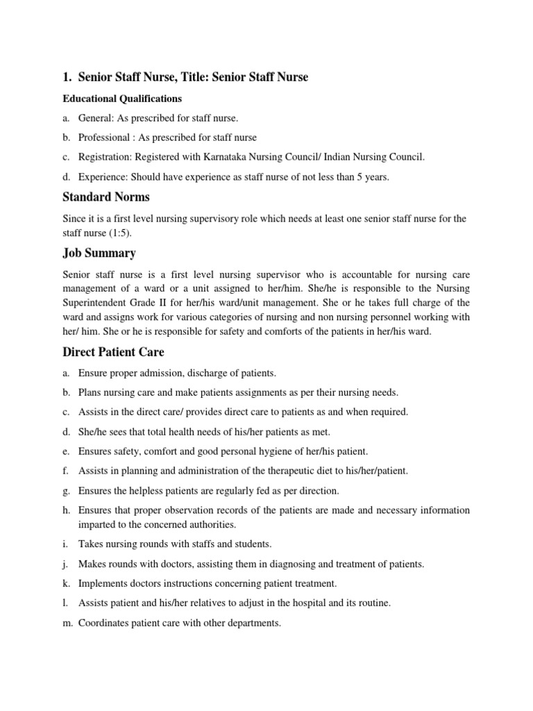 Senior Staff Nurse Job Description | PDF | Hospital | Nursing