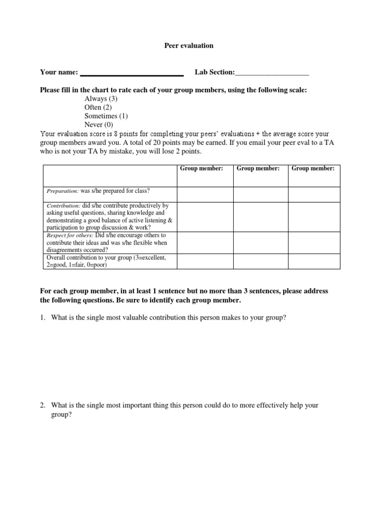 Peer Evaluation Form for Group Projects | PDF | Career & Growth