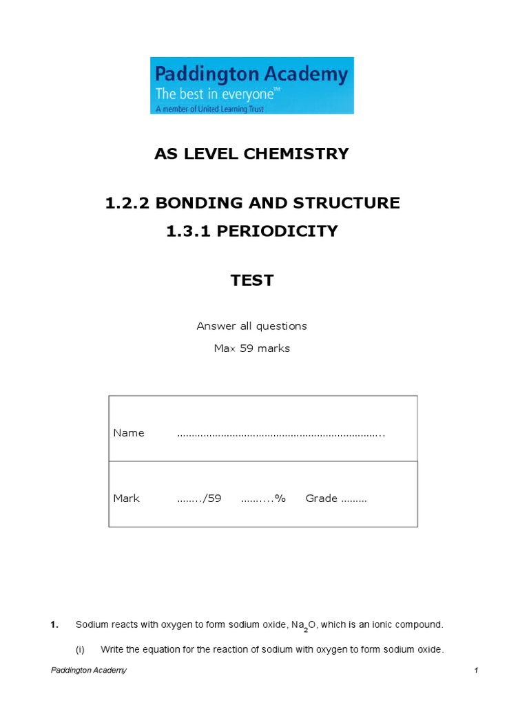 Bonding, Structure and Periodicity Test | PDF | Covalent Bond | Oxide