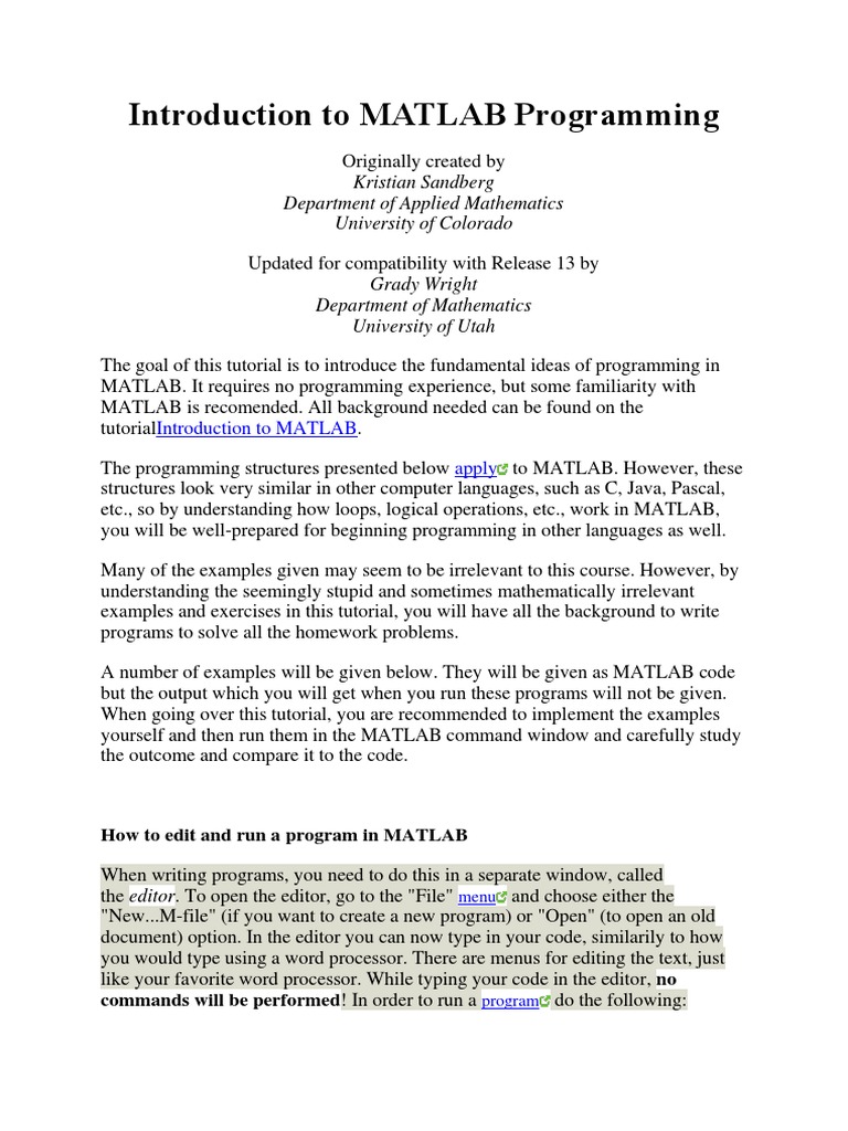 Introduction to MATLAB Programming Tutorial | PDF | Summation | Matlab