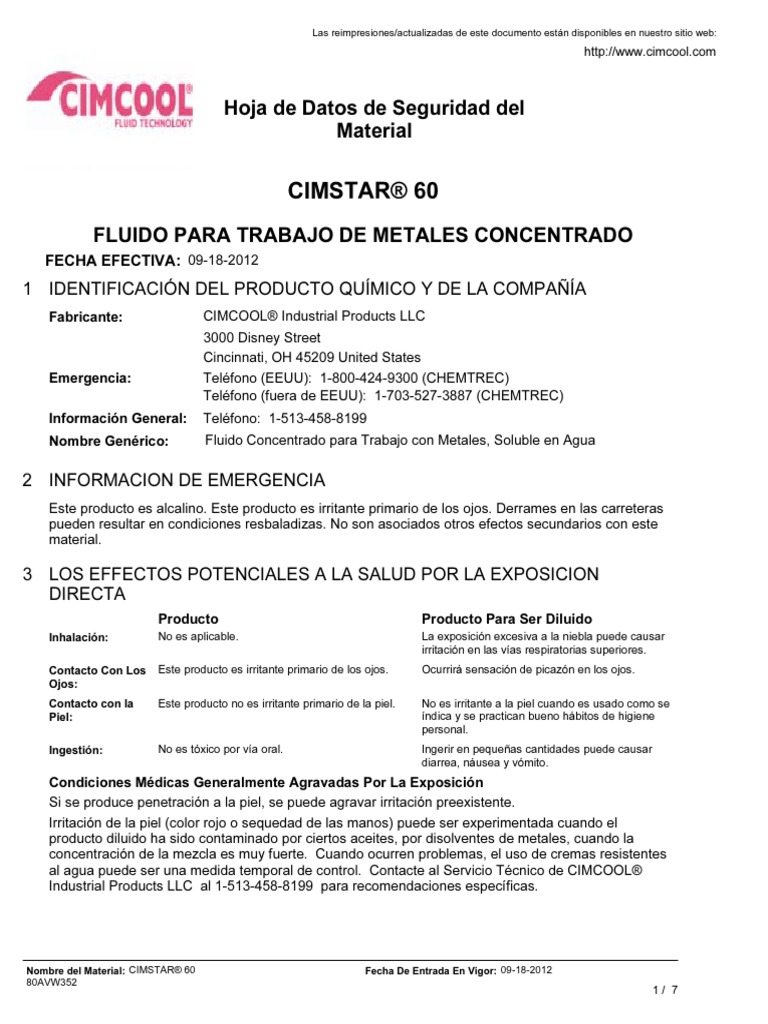 Safety Data Sheet for CIMSTAR 60, an Aqueous Metal Working Fluid ...