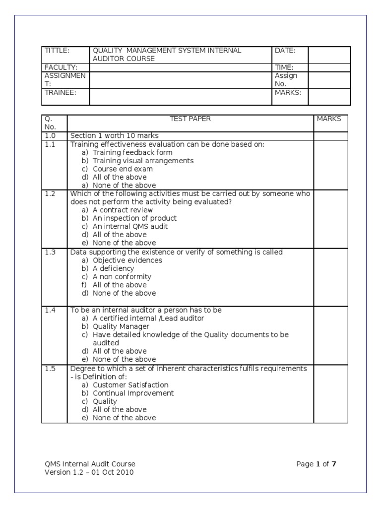 QMS Internal Auditor Exam Paper | PDF | Iso 9000 | Audit