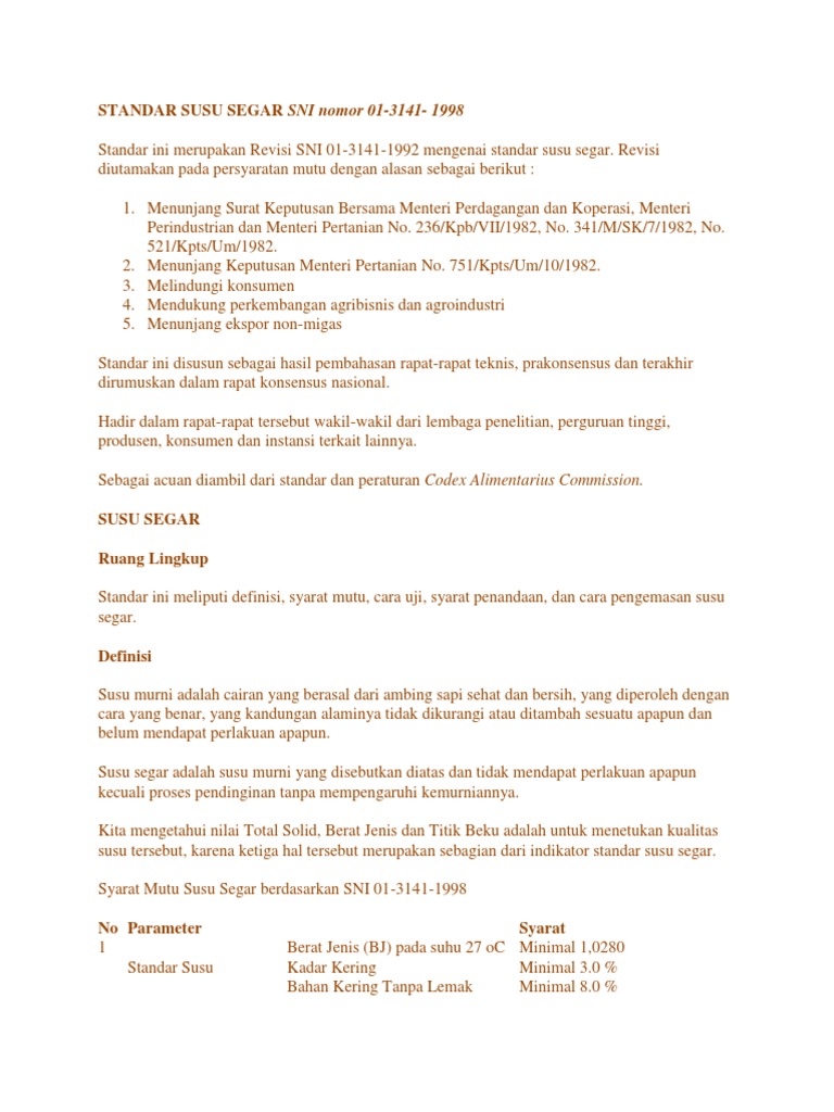 Standar Susu Segar Sni Nomor 01 | PDF
