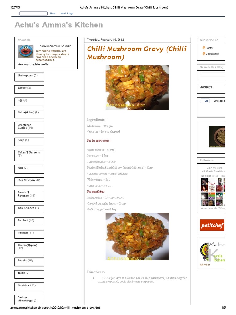 Achu's Amma's Kitchen - Chilli Mushroom Gravy (Chilli Mushroom) | PDF | Foods | Cuisine