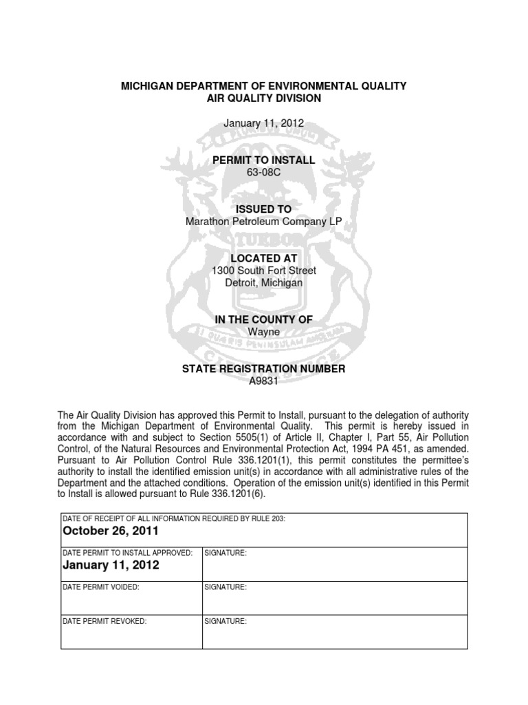 MDEQ Marathon Petroleum Permit 63-08C | PDF | Oil Refinery | Natural Gas