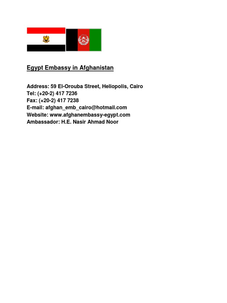 Egypt Embassy Contact Info in Afghanistan | PDF