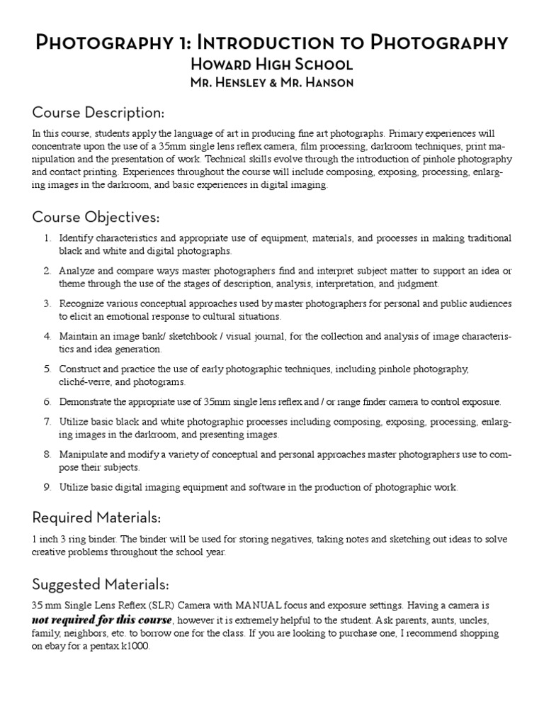 Photo 1 Syllabus | PDF | Homework | Digital Imaging
