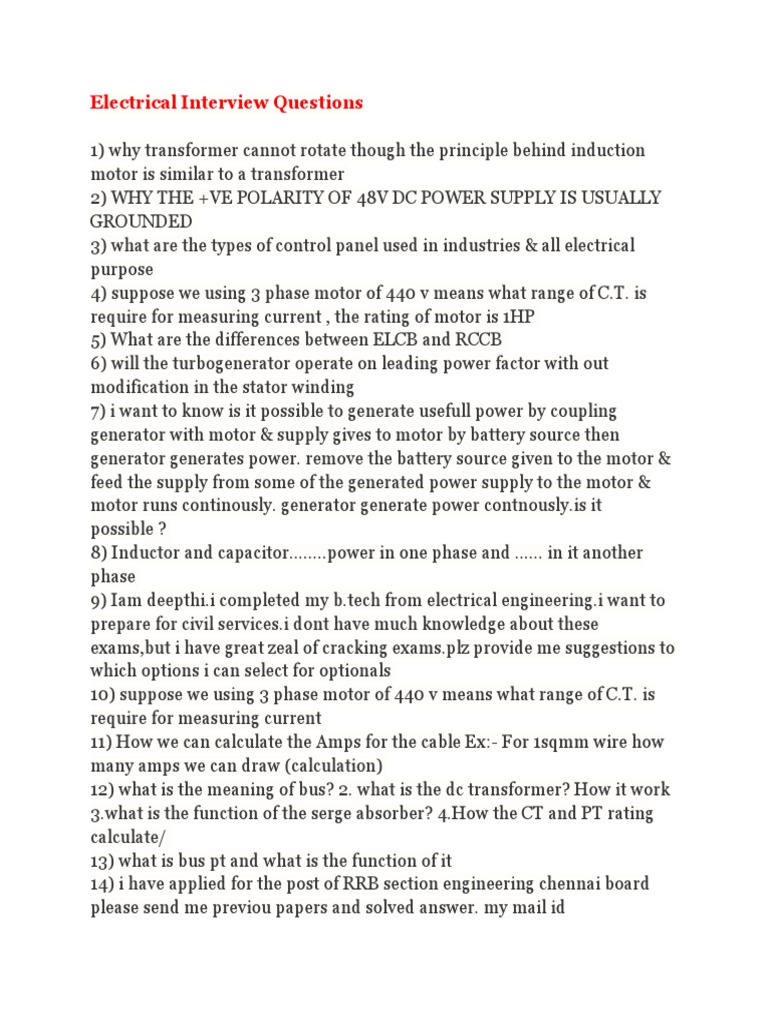Electrical Interview Questions | PDF | Transformer | Alternating Current