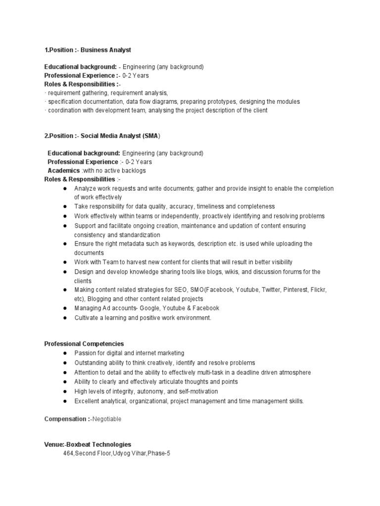 Business Analyst & Social Media Analyst Roles | PDF