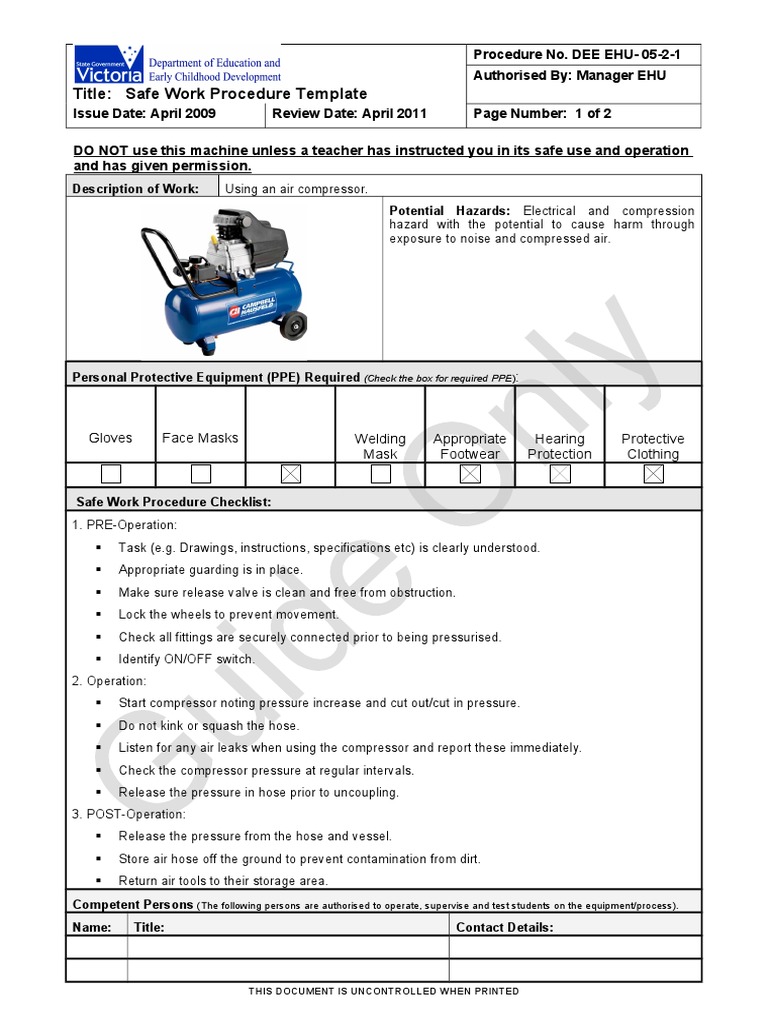 Safe Work Procedure (Air Compressor) | PDF