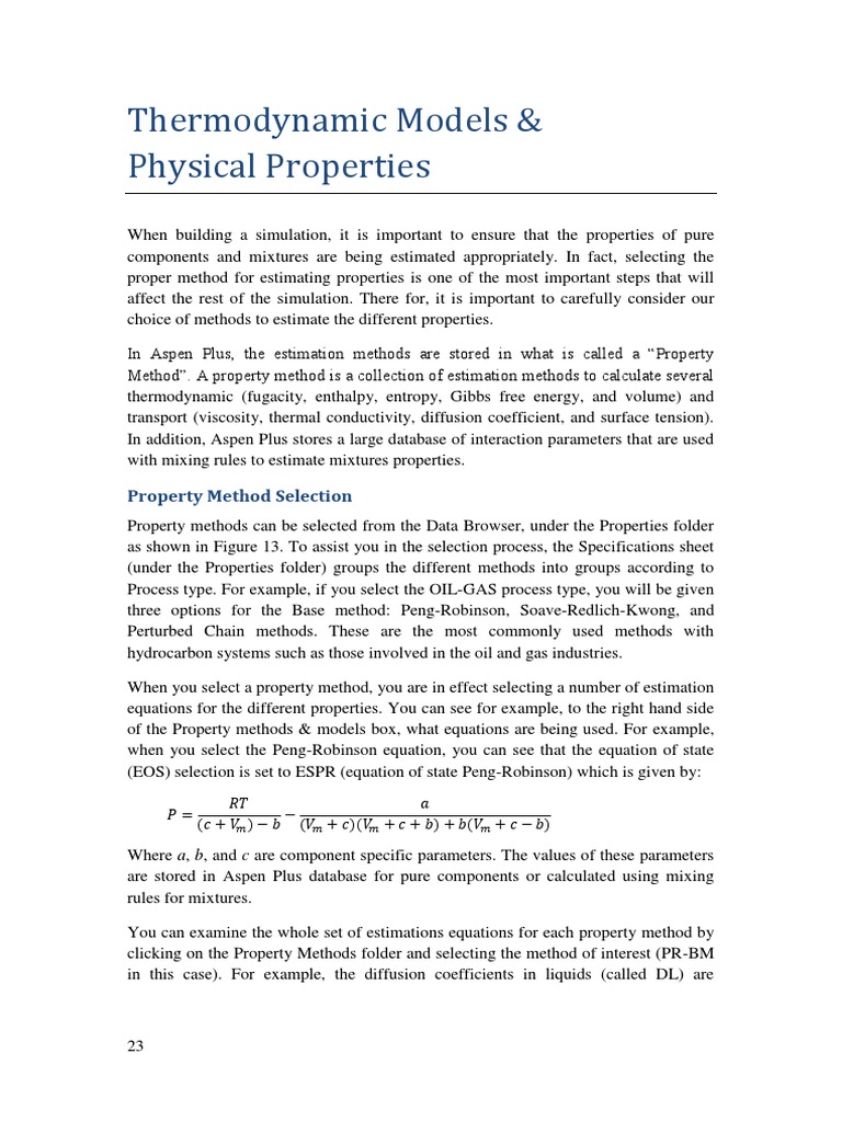 Selecting Thermodynamic Models in Aspen Plus | PDF