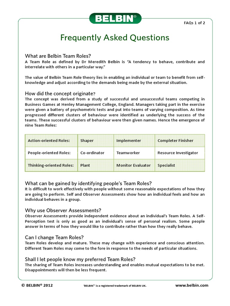 Belbin Frequently Asked Questions | PDF | Psychological Concepts ...