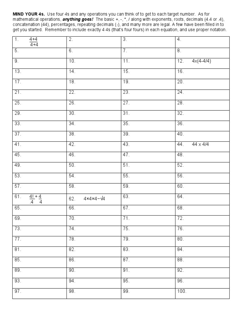 4 4's & Mind 5's Sheet3 | PDF | Numbers | Discrete Mathematics