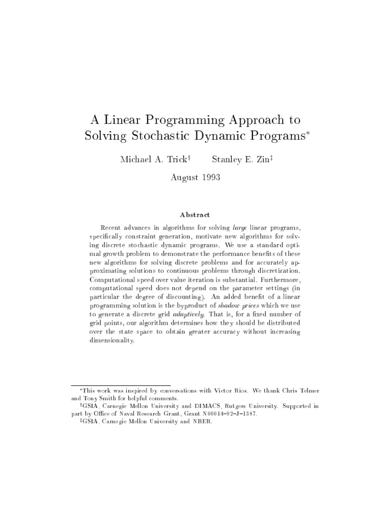 A Linear Programming Approach To Solving Stochastic Dynamic Programs Pdf Linear Programming