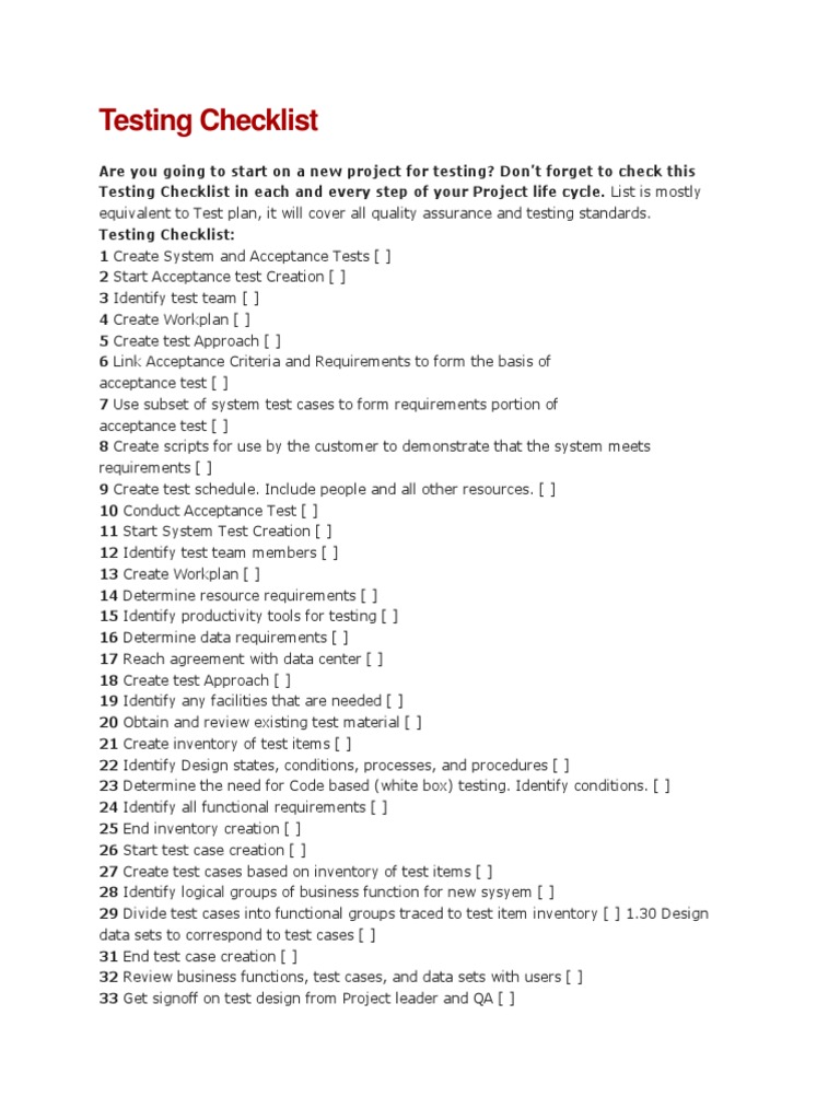 Testing Checklist | PDF | Systems Engineering | Areas Of Computer Science