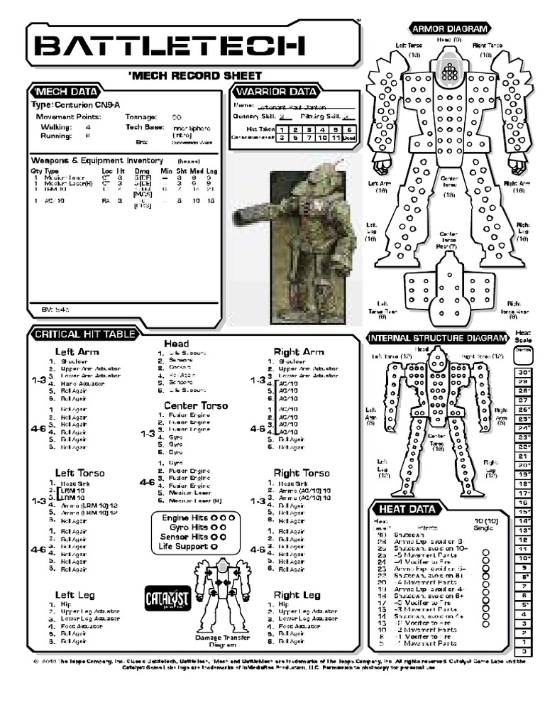 Battletech Centurion CN9 A Profile Sheet | PDF