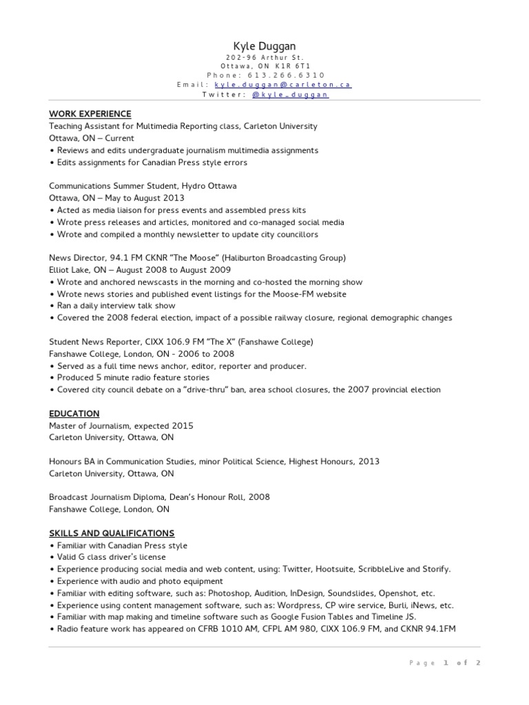 Kyle Duggan: Work Experience | PDF | Mass Media | Public Opinion