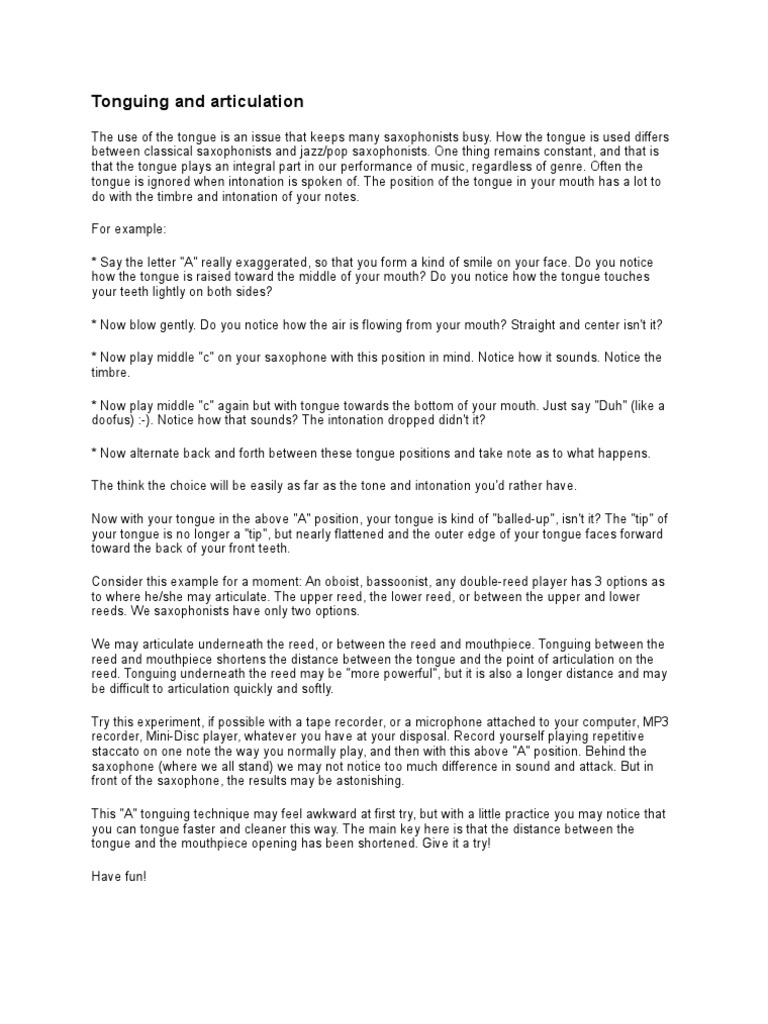 Saxophone Tonguing Techniques Explained | PDF | Saxophone | Woodwind ...
