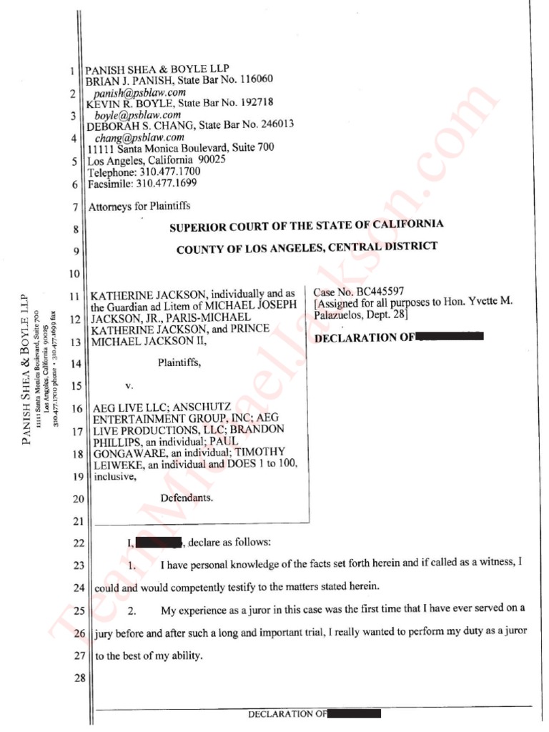 Redacted Juror Declarations December 13th 2013. Jackson V AEG Live ...